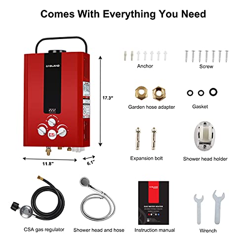 Tankless Water Heater, GASLAND Outdoors BE158R 1.58GPM 6L Portable Gas Water Heater, Instant Propane Water Heater, Overheating Protection, Easy to Install, for RV Cabin Barn Camping Boat, Red