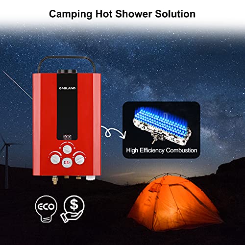 Tankless Water Heater, GASLAND Outdoors BE158R 1.58GPM 6L Portable Gas Water Heater, Instant Propane Water Heater, Overheating Protection, Easy to Install, for RV Cabin Barn Camping Boat, Red