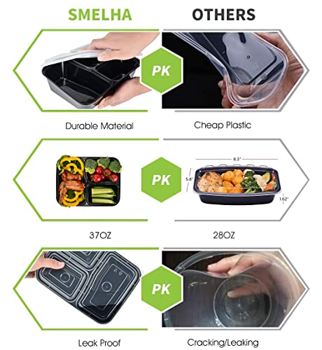 SMELHA 37oz Meal Prep Containers 3 Compartments [30 Pack], Reusable Lunch Food Containers With Lids, BPA Free Food Storage Bento Box Set for Adults & kids, Spill Proof, Microwave Dishwasher Free