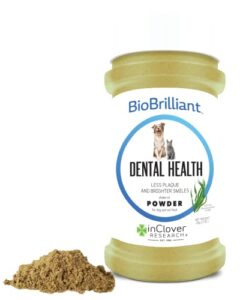 dental health powder for dogs and cats, natural pet supplement by inclover, biobrilliant dog and cat teeth treat, helps dental health, daily supplement for pets, natural whey goat milk, sweeten breath