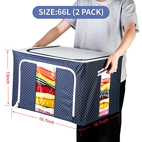 Eastjing Clothes Storage Bins, 2-Pack Storage Boxes Extra 66L Foldable Stackable Container Organizer Metal Frame Basket Set with Large Clear Window & Carry Handles for Bedding,Clothes,Closets, Bedrooms