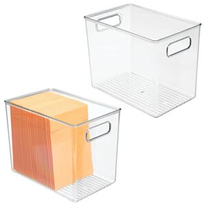 mdesign deep modern plastic storage organizer bin basket with handles for home office organization - shelf, cubby, cabinet, and closet organizing decor - ligne collection - 2 pack - clear