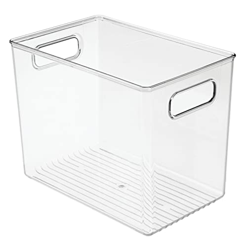 mDesign Deep Modern Plastic Storage Organizer Bin Basket with Handles for Home Office Organization - Shelf, Cubby, Cabinet, and Closet Organizing Decor - Ligne Collection - 2 Pack - Clear