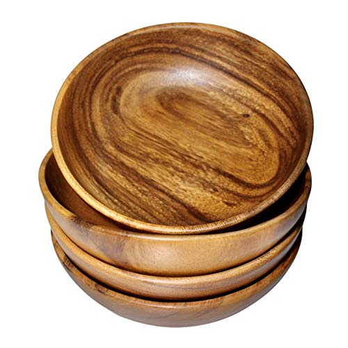 WRIGHTMART Wood Bowl, Set of 4 Bowls for Food, Salads, Pasta, Cereals, Nachos, Chips, Trail and Nut Mixes, Rustic Durable Hand Crafted Acacia Dining & Serveware Set, 7” diameter