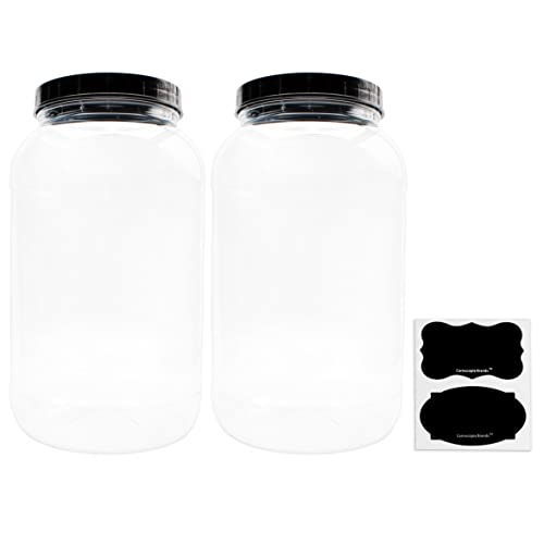 Cornucopia Brands Gallon Plastic Jars (2-Pack); Clear Round Containers with Black Ribbed Lids, BPA-Free 4-Quart Large Size