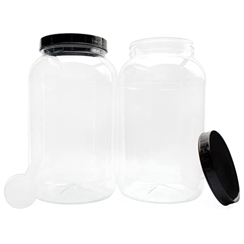 Cornucopia Brands Gallon Plastic Jars (2-Pack); Clear Round Containers with Black Ribbed Lids, BPA-Free 4-Quart Large Size