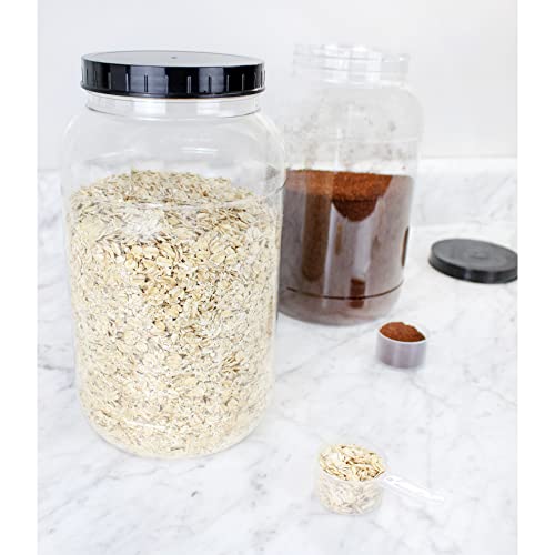 Cornucopia Brands Gallon Plastic Jars (2-Pack); Clear Round Containers with Black Ribbed Lids, BPA-Free 4-Quart Large Size