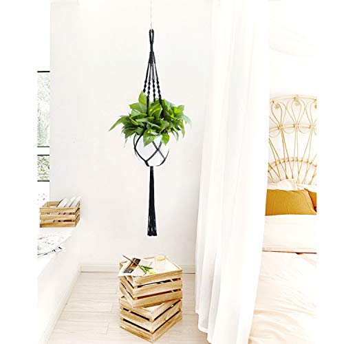 PROTITOUS Macrame Plant Hanger 3pcs Black Indoor Hanging Planter Basket Flower Pot Holder Cotton Rope with Ceiling Hook,Same Size,4 Legs 39 Inch