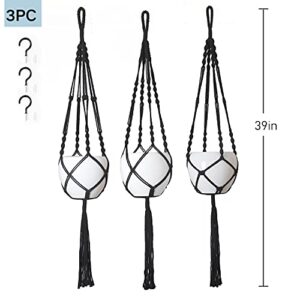 PROTITOUS Macrame Plant Hanger 3pcs Black Indoor Hanging Planter Basket Flower Pot Holder Cotton Rope with Ceiling Hook,Same Size,4 Legs 39 Inch