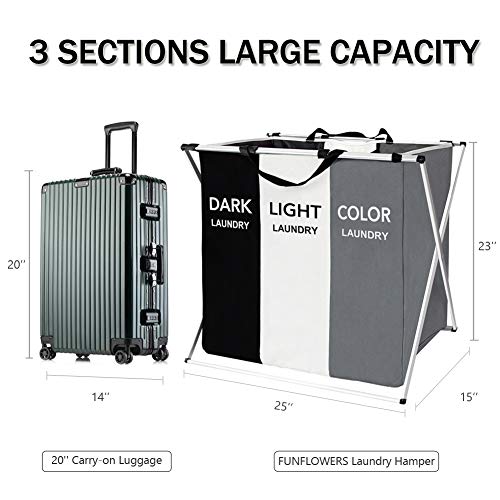 FUNFLOWERS Laundry Hamper Basket Sorter with Handle and Aluminum Frame, 3 Sections Foldable Portable Large Dirty Clothes Basket Organizer for Bathroom Bedroom Home (Black+White+Grey)