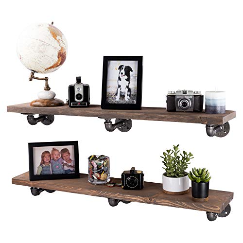 Industrial Pipe Wooden Shelves Restore by Pipe DÉCOR Premium Douglas Fir Wood Shelving 36 Inch Length Set of 2 Boards and 6 L Brackets Sunset Brown Finish