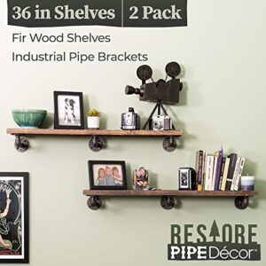 Industrial Pipe Wooden Shelves Restore by Pipe DÉCOR Premium Douglas Fir Wood Shelving 36 Inch Length Set of 2 Boards and 6 L Brackets Sunset Brown Finish