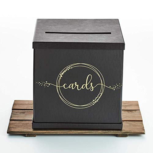 Hayley Cherie - Black Gift Card Box with Gold Foil Design - Large Size 10" x 10" - For Wedding Receptions, Bridal & Baby Showers, Birthdays, Graduations, 21st Parties