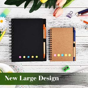 TOODOO 4 Packs Lined Spiral Notebook Kraft Paper Cover Notepad with Pen In Holder, Sticky Notes and Page Marker Colored Index Tabs, Steno Pocket Business Notebook (Black, Large)