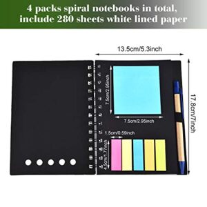 TOODOO 4 Packs Lined Spiral Notebook Kraft Paper Cover Notepad with Pen In Holder, Sticky Notes and Page Marker Colored Index Tabs, Steno Pocket Business Notebook (Black, Large)