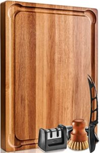 home hero x large wood cutting board 1.5" thick, reversible acacia wood charcuterie board with handle, butcher block cheese board with deep groove and bonus cleaning brush & cheese knife