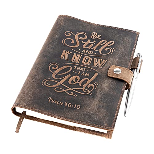 moonster Refillable Leather Journal Lined Notebook - Journals for Women w/Psalm 46v10 Embossed Bible Verse - Vintage Handmade Leather Notebook with 320 Pages Milled A5 Ruled Paper & Luxury Pen