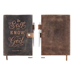 moonster Refillable Leather Journal Lined Notebook - Journals for Women w/Psalm 46v10 Embossed Bible Verse - Vintage Handmade Leather Notebook with 320 Pages Milled A5 Ruled Paper & Luxury Pen