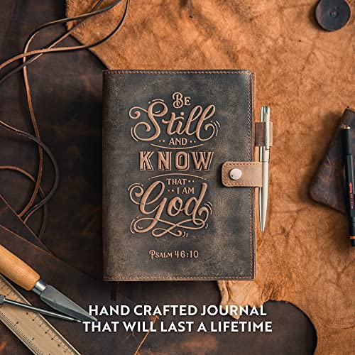 moonster Refillable Leather Journal Lined Notebook - Journals for Women w/Psalm 46v10 Embossed Bible Verse - Vintage Handmade Leather Notebook with 320 Pages Milled A5 Ruled Paper & Luxury Pen