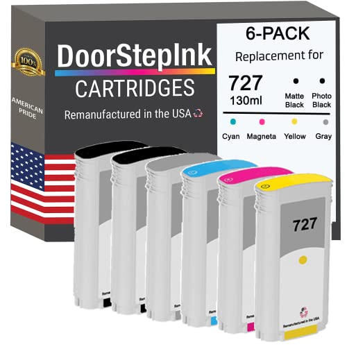 DoorStepInk Remanufactured in The USA Ink Cartridge Replacements for HP 727 130ml 6PK MB C M Y PBK G for Printers Deskjet T1500 T2500 T930 T920