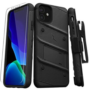 zizo bolt series iphone 11 case - heavy-duty military-grade drop protection w/kickstand included belt clip holster tempered glass lanyard - black