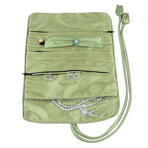 TUMBEELLUWA Embroidery Travel Jewelry Bag Roll Embroidered Flower and Bird Brocade Organizer with Tie Close, Light Green