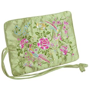 TUMBEELLUWA Embroidery Travel Jewelry Bag Roll Embroidered Flower and Bird Brocade Organizer with Tie Close, Light Green