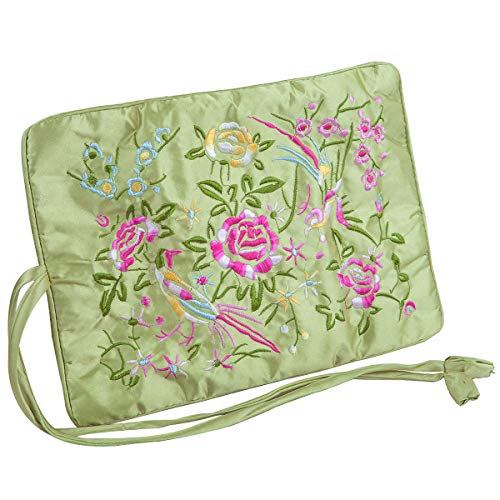 TUMBEELLUWA Embroidery Travel Jewelry Bag Roll Embroidered Flower and Bird Brocade Organizer with Tie Close, Light Green