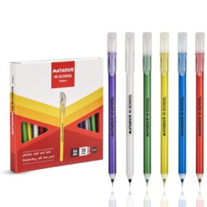 matador hi-school ballpen, fine-point (0.6 mm), black ink, 6 different colorful bodies, round barrel design, smooth & instant writing, 24 counts