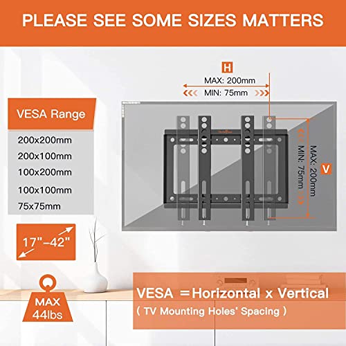 Perlegear Low Profile Fixed TV Wall Mount Bracket for Most 17-42 Inch LED LCD OLED Flat Curved Screen TVs, Ultra Slim and Space Saving TV Mount with Max VESA 200 x 200mm and 66 lbs, Fits 8 Inch Studs