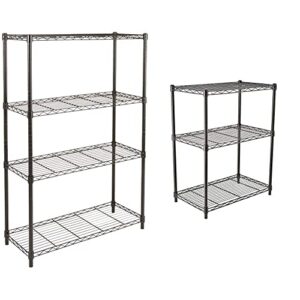 amazon basics 4-shelf adjustable, heavy duty storage shelving unit, black (36l x 14w x 54h) & 3-shelf adjustable, heavy duty storage shelving unit, black (23.3l x 13.4w x 30h)