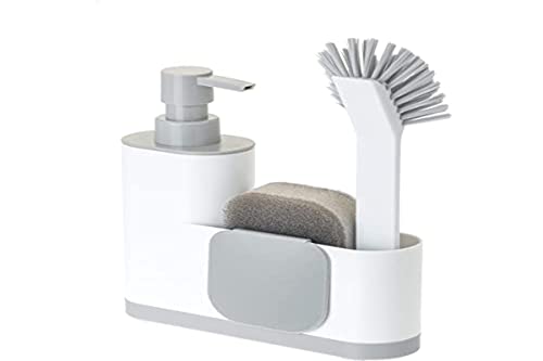 Vigar Rengo Monobloc 4-piece Sink Caddy Set, Includes Scrub Brush, Two-sided Sponge, Soap Dispenser and Scraper, White/Grey