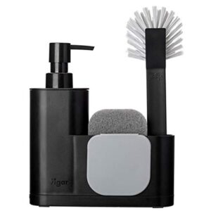 vigar rengo monobloc 4-piece sink caddy set, includes scrub brush, two-sided sponge, soap dispenser and scraper, black