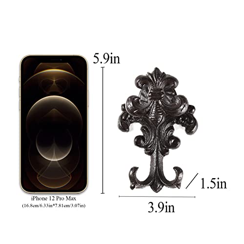 BRASSTAR Cast Iron 2 Wall Hooks/Hangers - Decorative Wall Mounted Coat Hook Rustic with Double Row of Carve Patterns Indoor Outdoor Decoration PTZY224