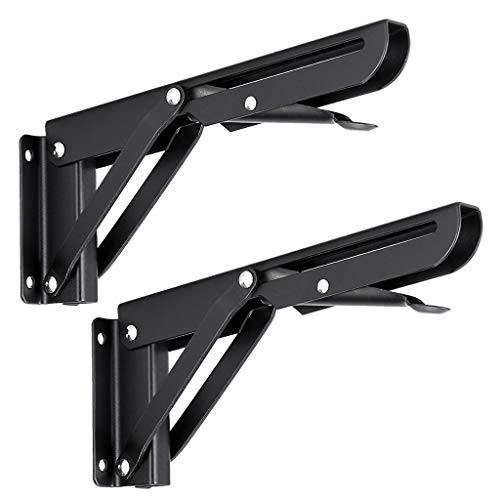 Sumnacon Sturdy Folding Shelf Brackets - Heavy Duty Black Metal Triangle Table Bench Folding Shelf Bracket 8 Inch, 2 Pcs Folding Shelf Hinge Wall Mounted, Max Load 99lb