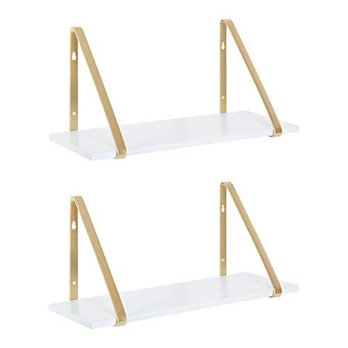 Kate and Laurel Soloman Modern Wooden Shelves, 18 inch, Set of 2, White and Gold, Contemporary Glam Wall Storage and Home Decor