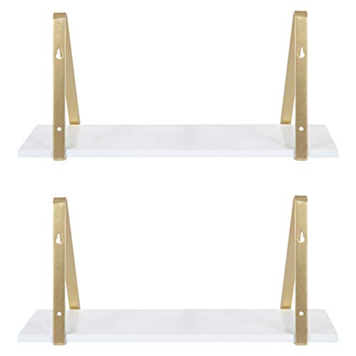 Kate and Laurel Soloman Modern Wooden Shelves, 18 inch, Set of 2, White and Gold, Contemporary Glam Wall Storage and Home Decor