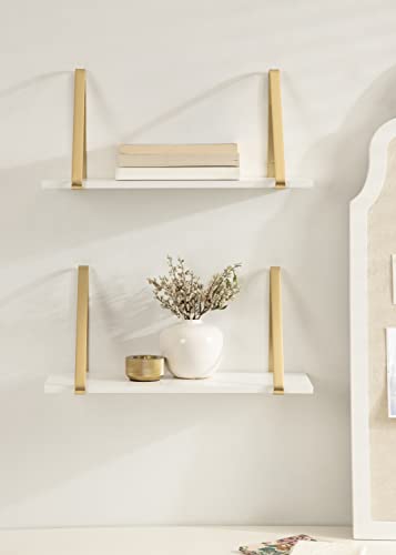 Kate and Laurel Soloman Modern Wooden Shelves, 18 inch, Set of 2, White and Gold, Contemporary Glam Wall Storage and Home Decor