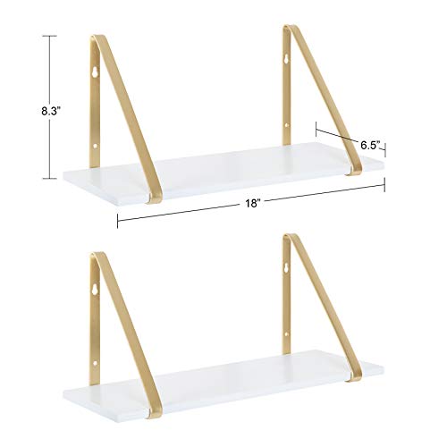 Kate and Laurel Soloman Modern Wooden Shelves, 18 inch, Set of 2, White and Gold, Contemporary Glam Wall Storage and Home Decor