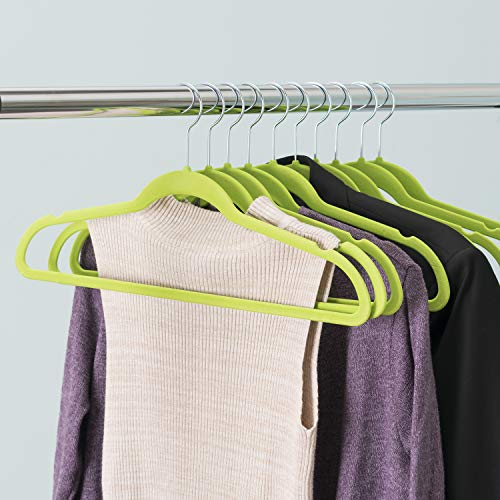 Velvet Clothes Hangers (Pack of 10), Green, by Home Basics | Hangers for Tops, Jackets, Dresses, and Pants | Contoured with Notches | Ultra-Thin Space Saving Clothes Hangers with Rotating Hooks