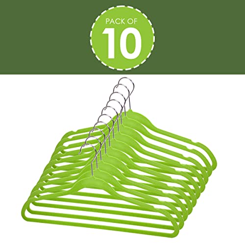 Velvet Clothes Hangers (Pack of 10), Green, by Home Basics | Hangers for Tops, Jackets, Dresses, and Pants | Contoured with Notches | Ultra-Thin Space Saving Clothes Hangers with Rotating Hooks