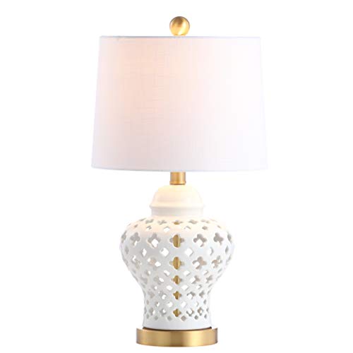 JONATHAN Y JYL6210A Quatrefoil Fretwork 20.5" Pierced Ginger Jar Ceramic/Metal LED Table Lamp Glam Bedside Desk Nightstand Lamp Bedroom Living Room Office College Bookcase LED Bulb Included, White