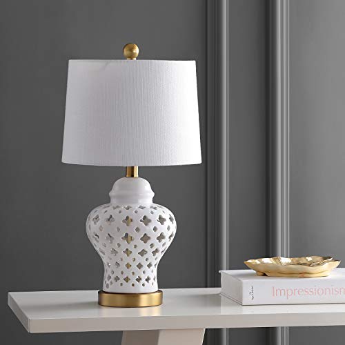 JONATHAN Y JYL6210A Quatrefoil Fretwork 20.5" Pierced Ginger Jar Ceramic/Metal LED Table Lamp Glam Bedside Desk Nightstand Lamp Bedroom Living Room Office College Bookcase LED Bulb Included, White