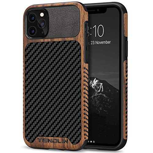 TENDLIN Compatible with iPhone 11 Pro Max Case Wood Grain with Carbon Fiber Texture Design Leather Hybrid Case