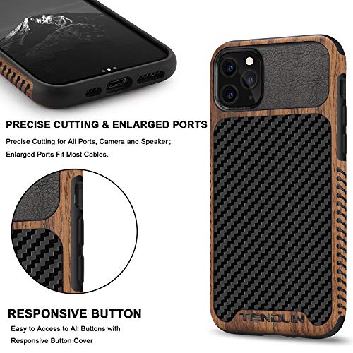 TENDLIN Compatible with iPhone 11 Pro Max Case Wood Grain with Carbon Fiber Texture Design Leather Hybrid Case