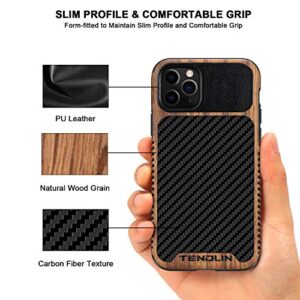 TENDLIN Compatible with iPhone 11 Pro Max Case Wood Grain with Carbon Fiber Texture Design Leather Hybrid Case