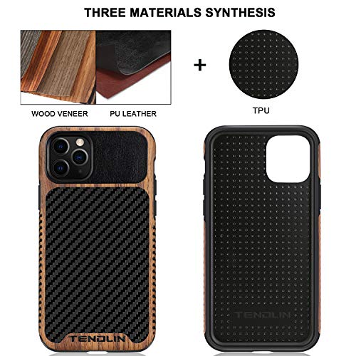 TENDLIN Compatible with iPhone 11 Pro Max Case Wood Grain with Carbon Fiber Texture Design Leather Hybrid Case