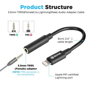 BOYA by-K3 Female 3.5mm TRRS Microphone Adapter Cable to MFi Certified Lightning Connector Dongle, Headphones Adapter for iPhone 12 Mini 12 Pro Max 11 Pro Max X XR XS iPhone 7 7P 8 8P