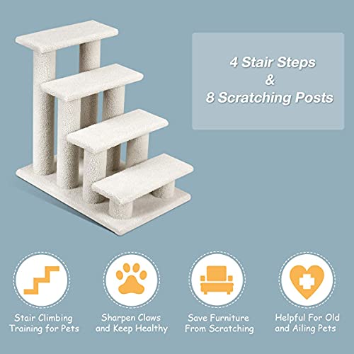 Tangkula Pet Stairs for Cats and Dogs, 4-Step Carpeted Ladder Ramp Cat Climber Cat Scratching Post, Multi-Step Dog Stairs for High Beds, Couch (Grayish White)