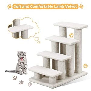 Tangkula Pet Stairs for Cats and Dogs, 4-Step Carpeted Ladder Ramp Cat Climber Cat Scratching Post, Multi-Step Dog Stairs for High Beds, Couch (Grayish White)